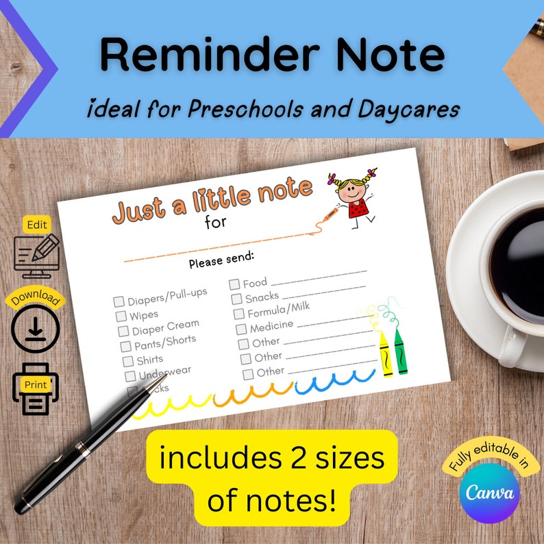 Daycare Supply Note: Printable Reminder, Editable in Canva (digital ...