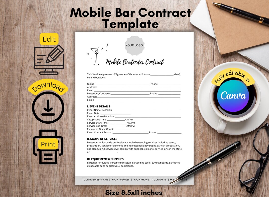 Mobile Bar Contract Template: Editable Bartending Service Agreement ...