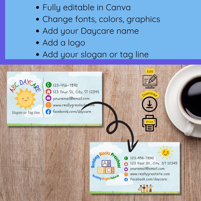 Editable Childcare Business Card Template: Daycare, Preschool (canva ...