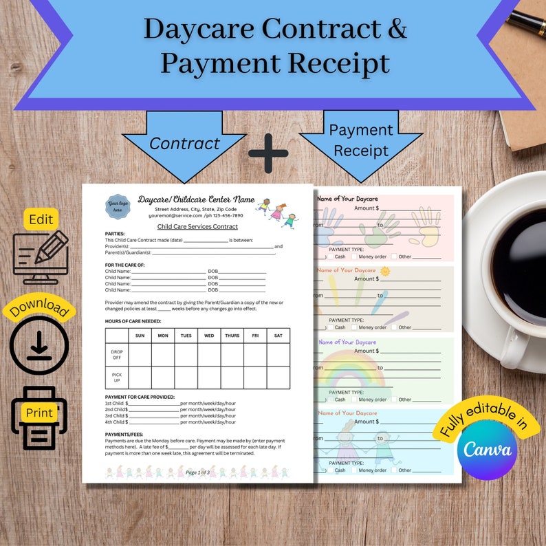 Daycare Contract & Daycare Receipt Bundle, Child Care Contract, Home ...