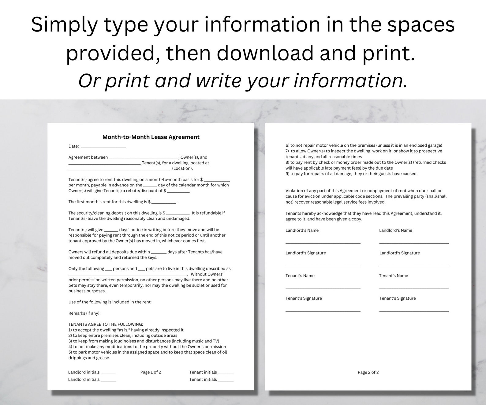 Month to Month Rental Agreement, Monthly Rental Agreement, Monthly ...