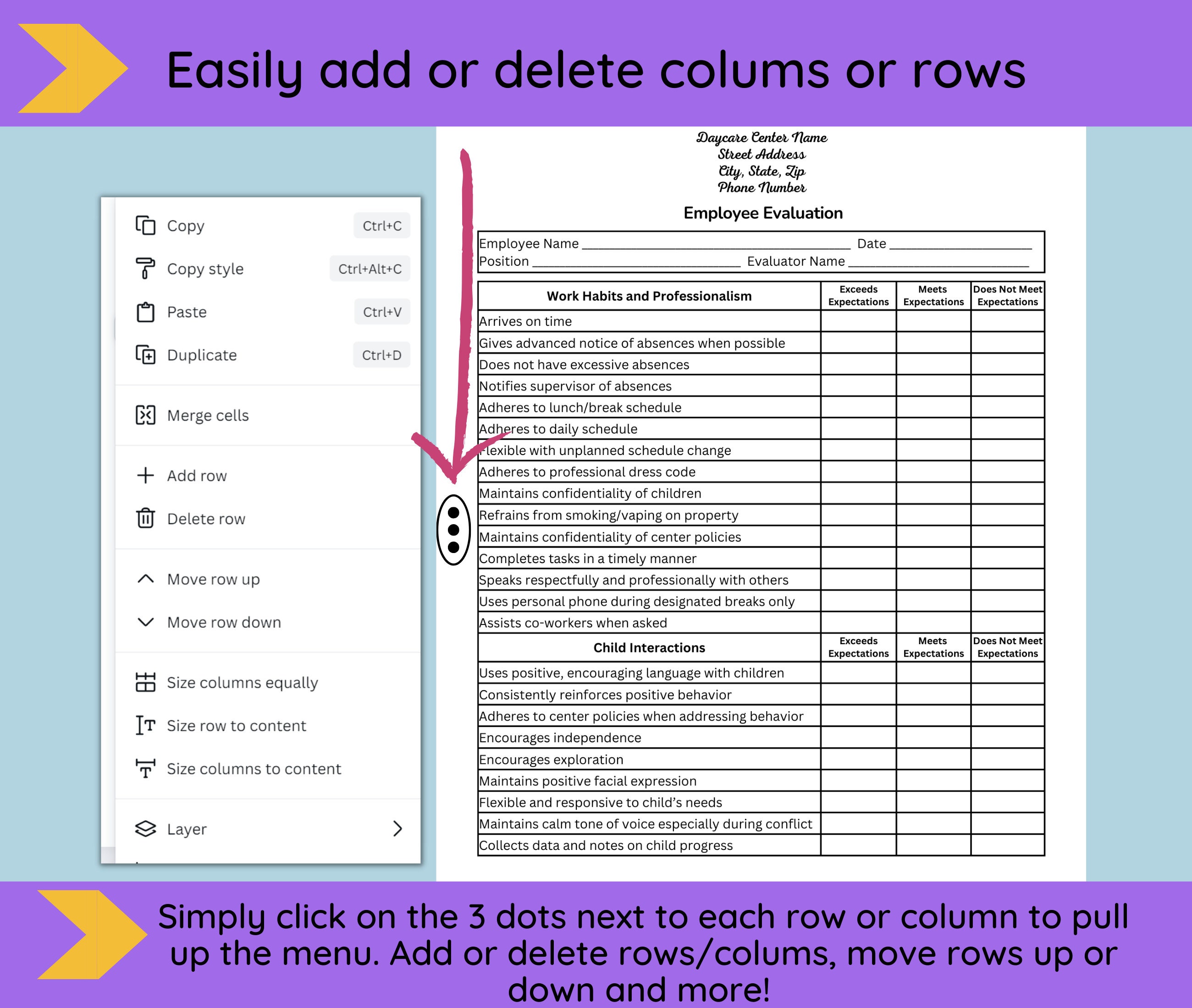 Daycare Staff Evaluation Form, Editable Employee Review, Preschool ...
