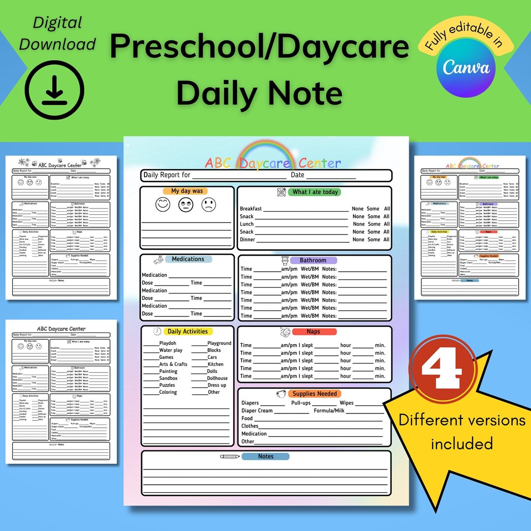 Daily Report for Childcare, Daycare, Preschool, Infants, Toddlers, Baby ...