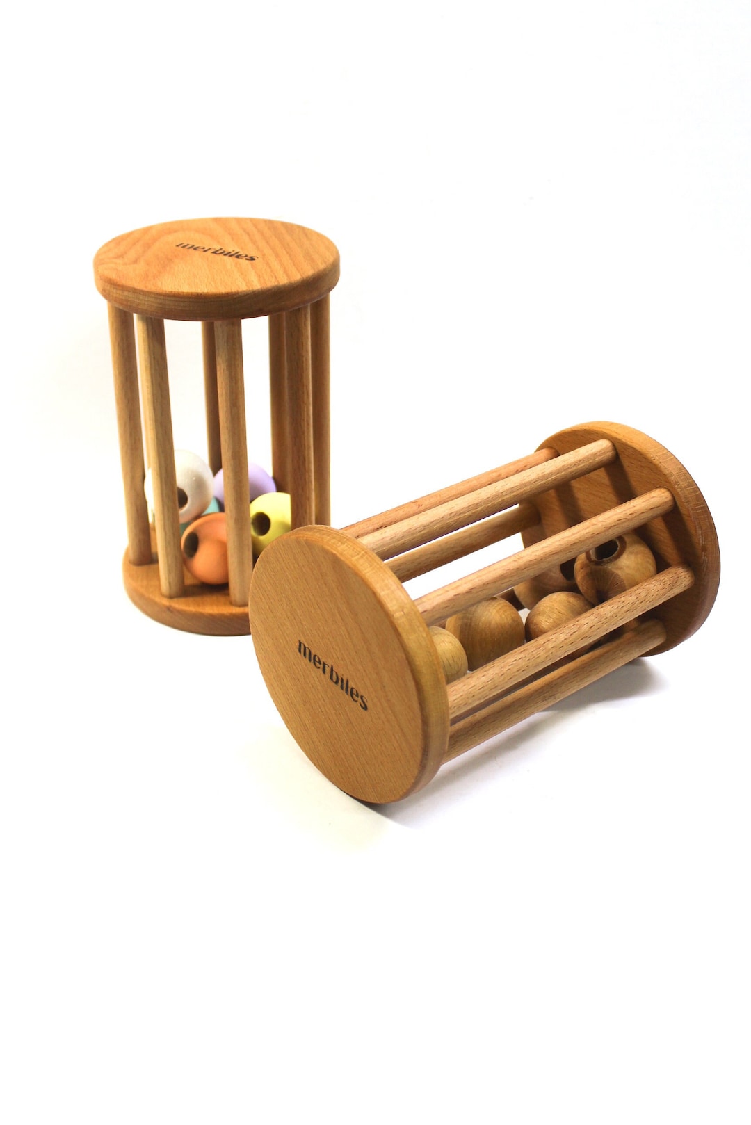 Wood Ball Cylinder, Montessori Rattle Roller, Colorful Organic Infant ...