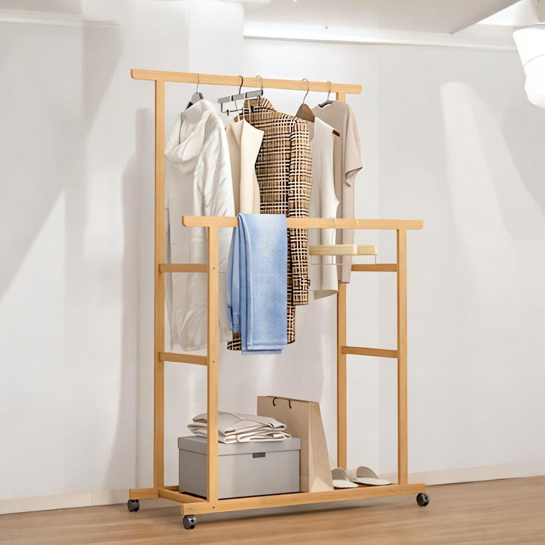 Bamboo Clothes Rail Clothes Rack on Wheels Free Standing Garment Rack ...