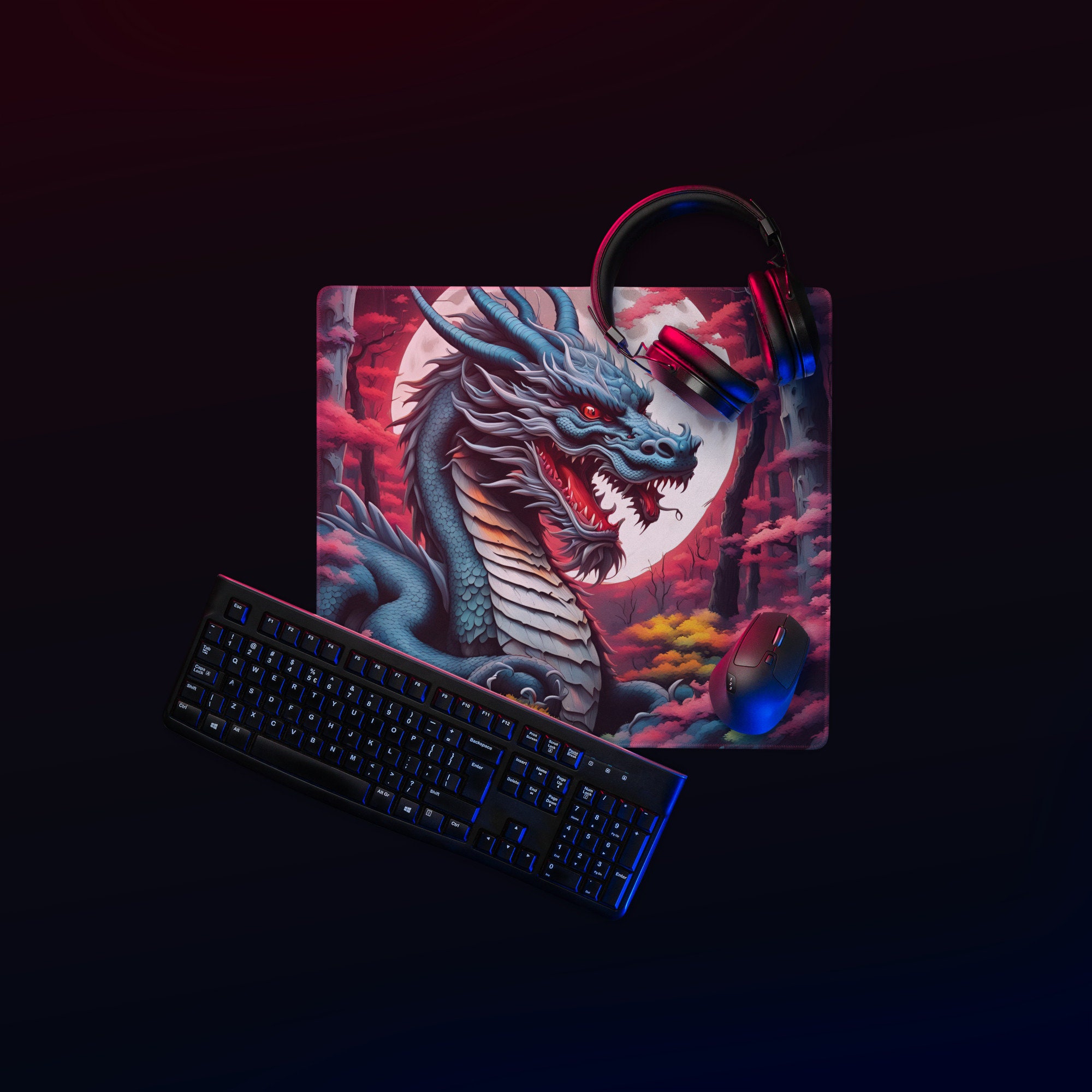 Oriental Japanese Dragon Gaming Mouse Pad Blue Hued Full Moon Mythical ...