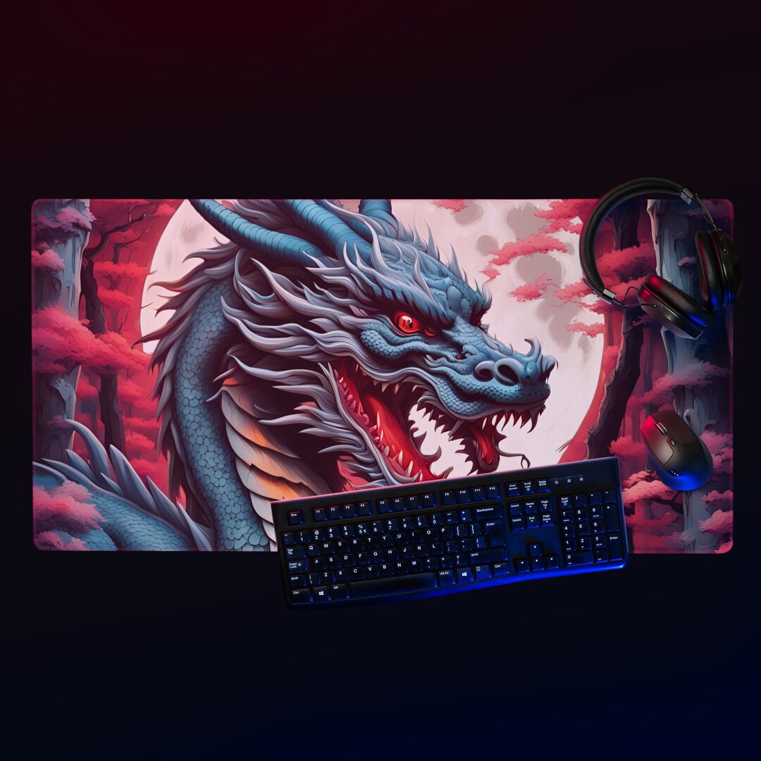 Oriental Japanese Dragon Gaming Mouse Pad Blue Hued Full Moon Mythical ...
