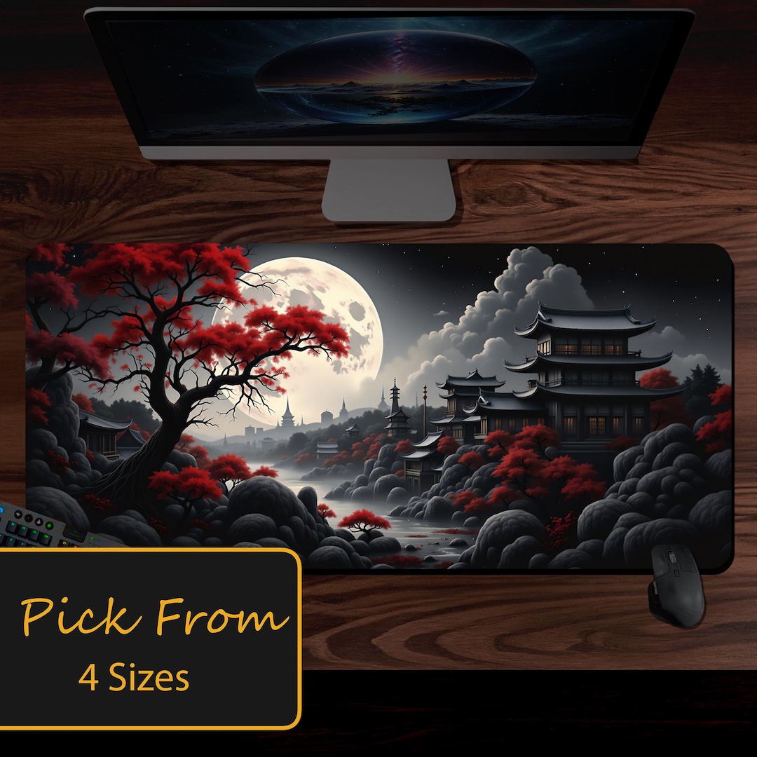 Riverside Sakura Tree Japan Extra Large Mousepad, Full Moon in Black ...