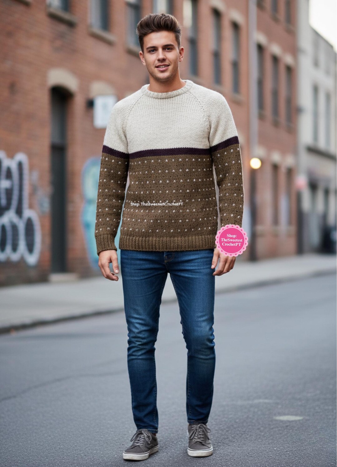 Mens Knitting Sweater Pattern Round Neck Pullover Jumper DIY Knit ...