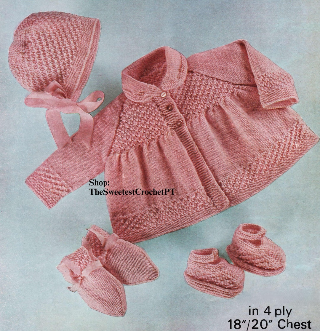 Adorable Baby Pram Set Knitting Pattern Coat Bonnet Mitts and Shoes 2 ...