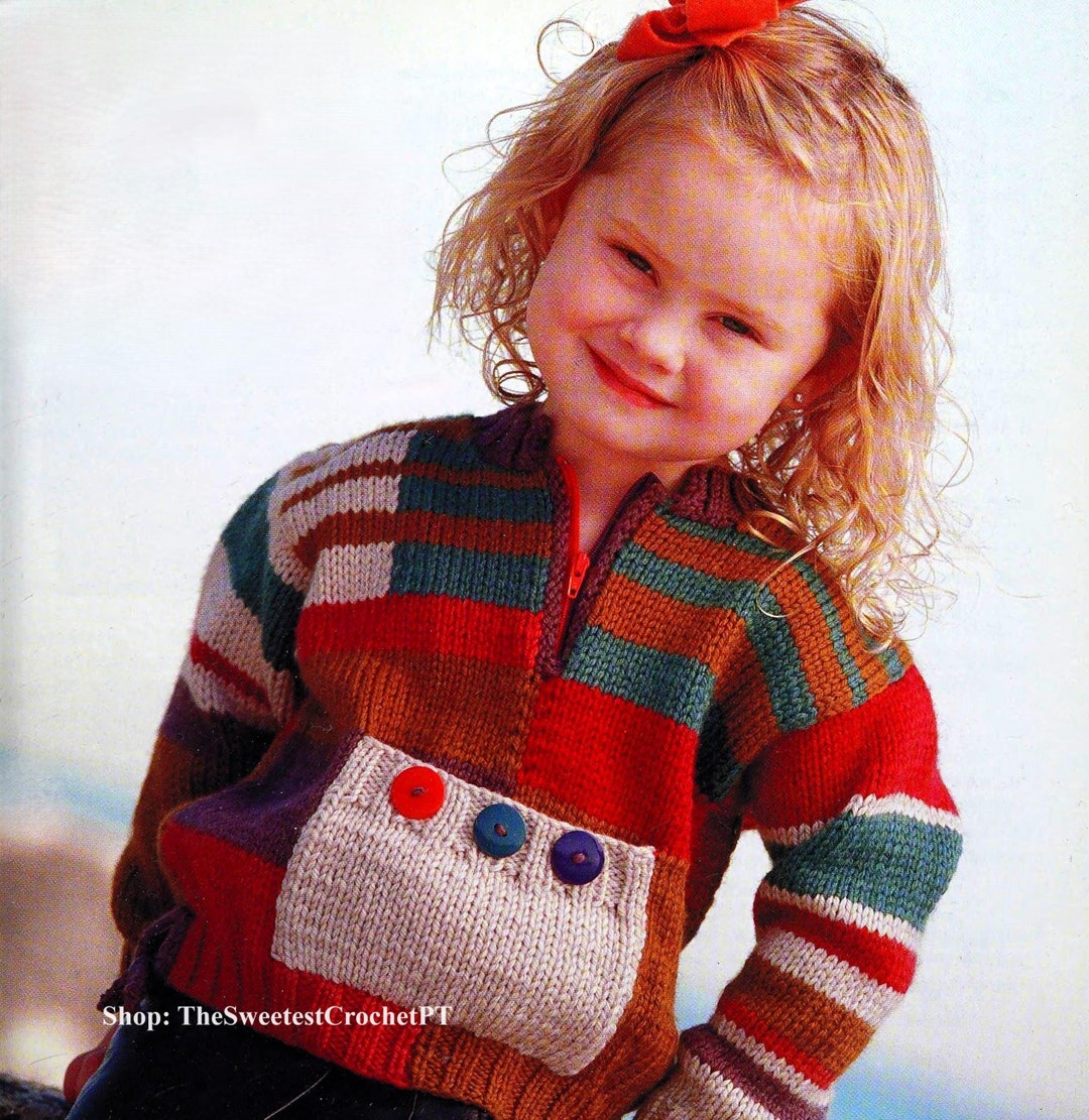 Child Pocket Sweater Knitting Pattern Stripes Round Neck Sweater ...