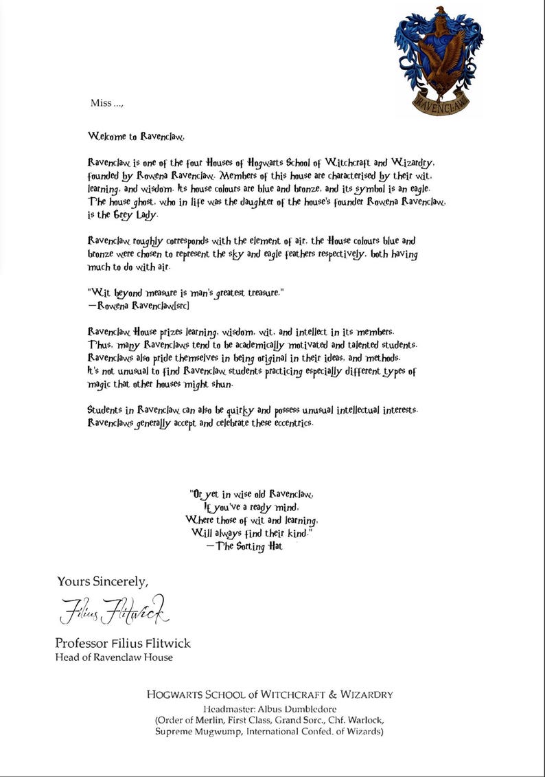 Custom Hogwarts Welcome Letter and Envelope (printable Digital Item) - Etsy