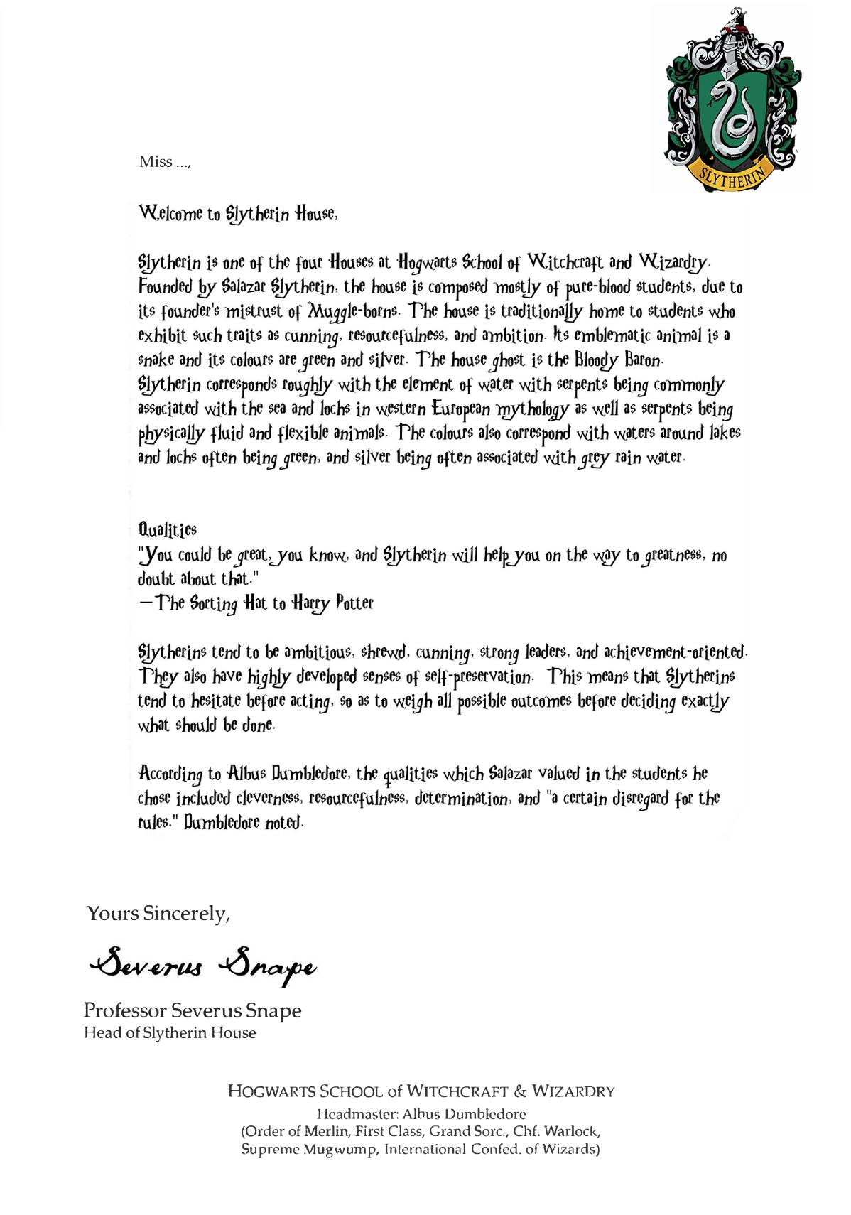 Pottermore Slytherin Welcome Letter