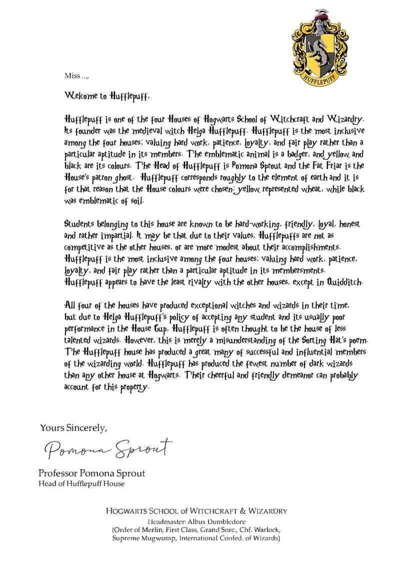 Custom Hogwarts House Welcome Letter and Envelope, Pick Your Hogwarts ...