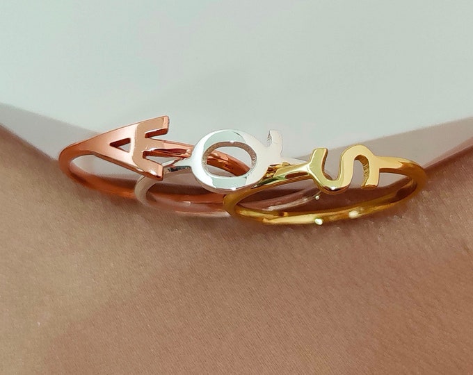 Sideway Initial Ring • Sterling Silver Ring • Stacking Ring • Custom Name Ring • Personalized ...