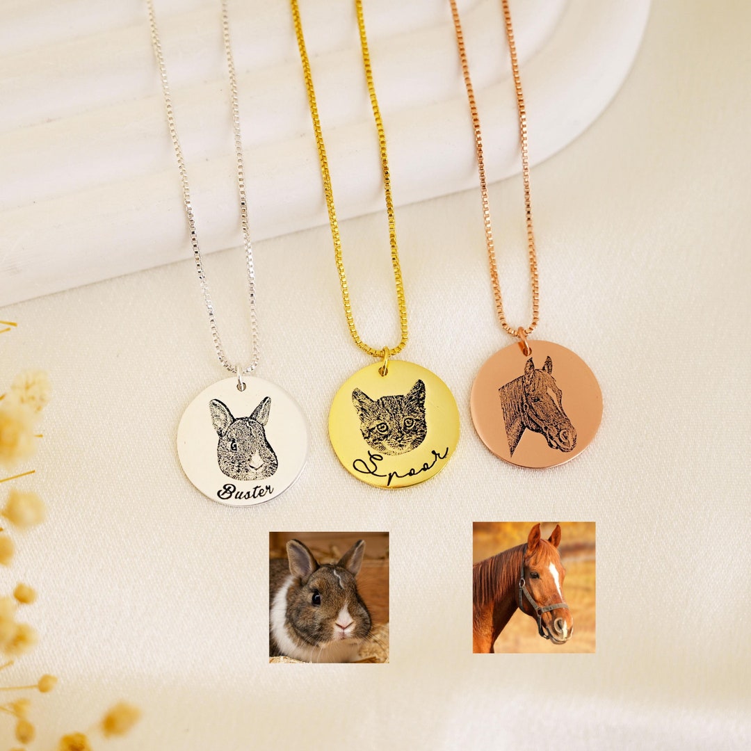 Pet Portrait Name Necklace,engraved Cat Picture Necklace,pet Loss Gift ...