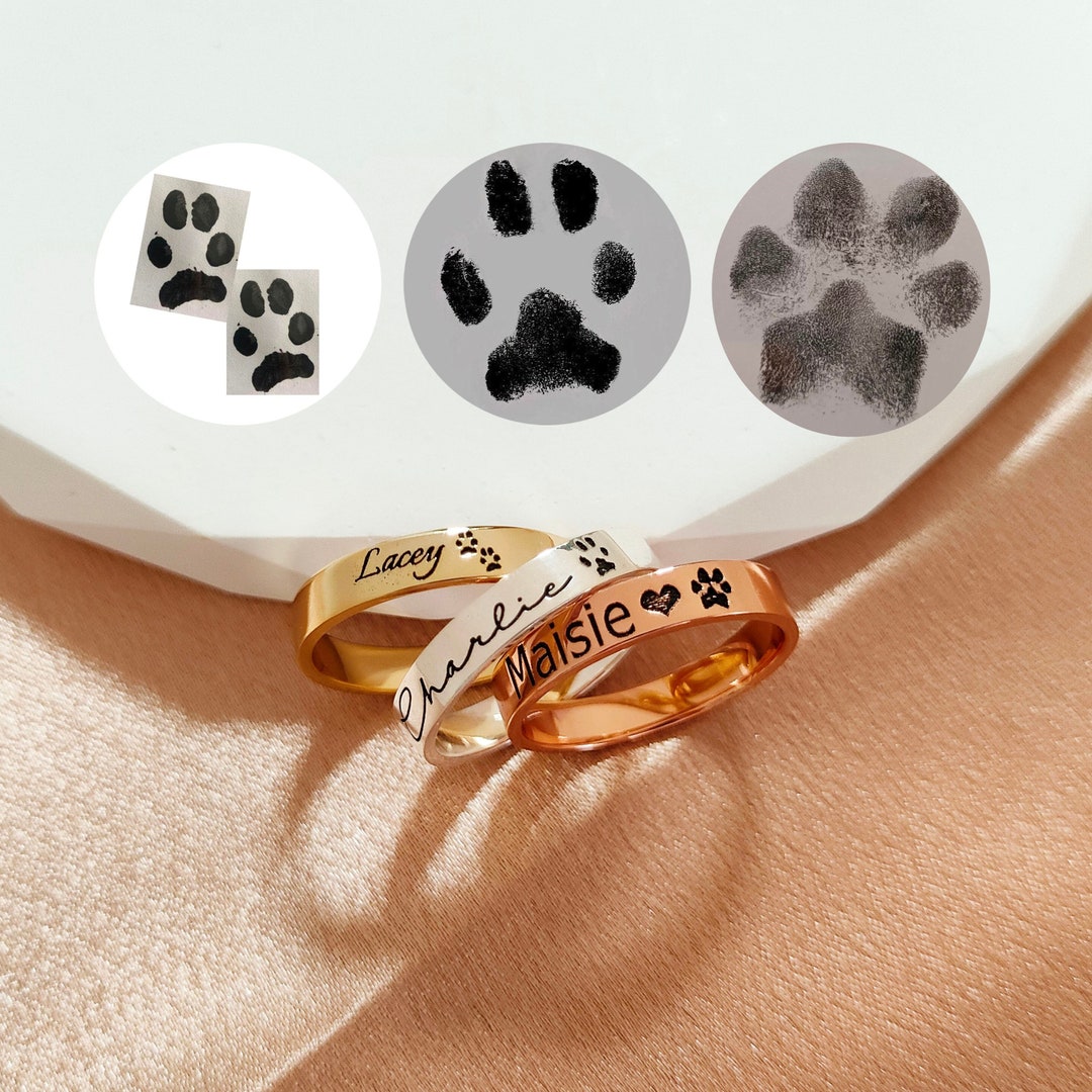 Pet Name Ring, Custom Paw Print Ring, Engraved Name Ring, Dog Paw Ring ...