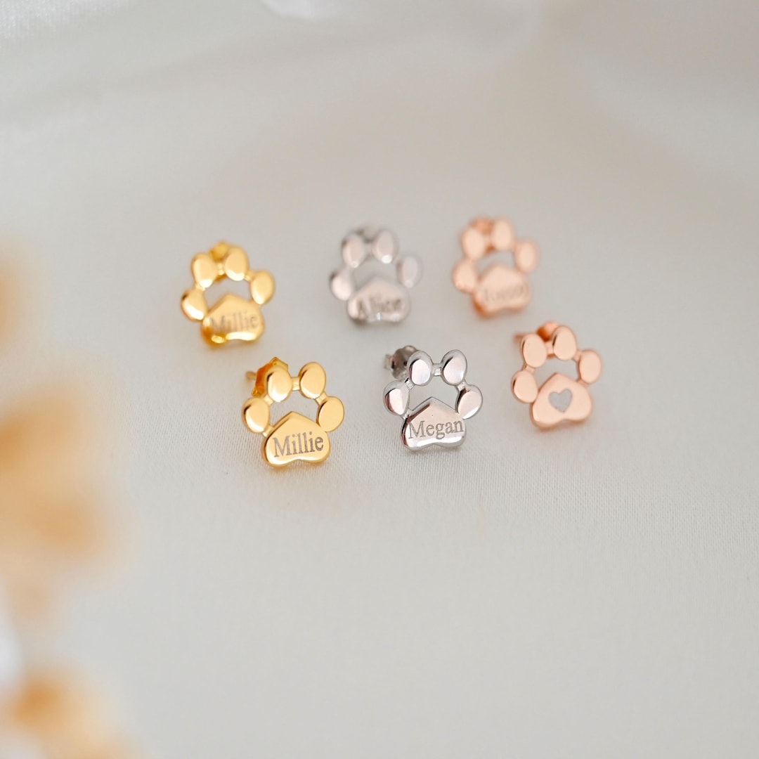 Custom Pet Earrings,engraved Paw Print Name Earrings,name Studs,gift ...
