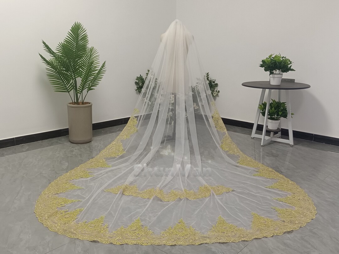 Gold Lace Bridal Veil Cathedral Wedding Lace Veil Single Layer White ...