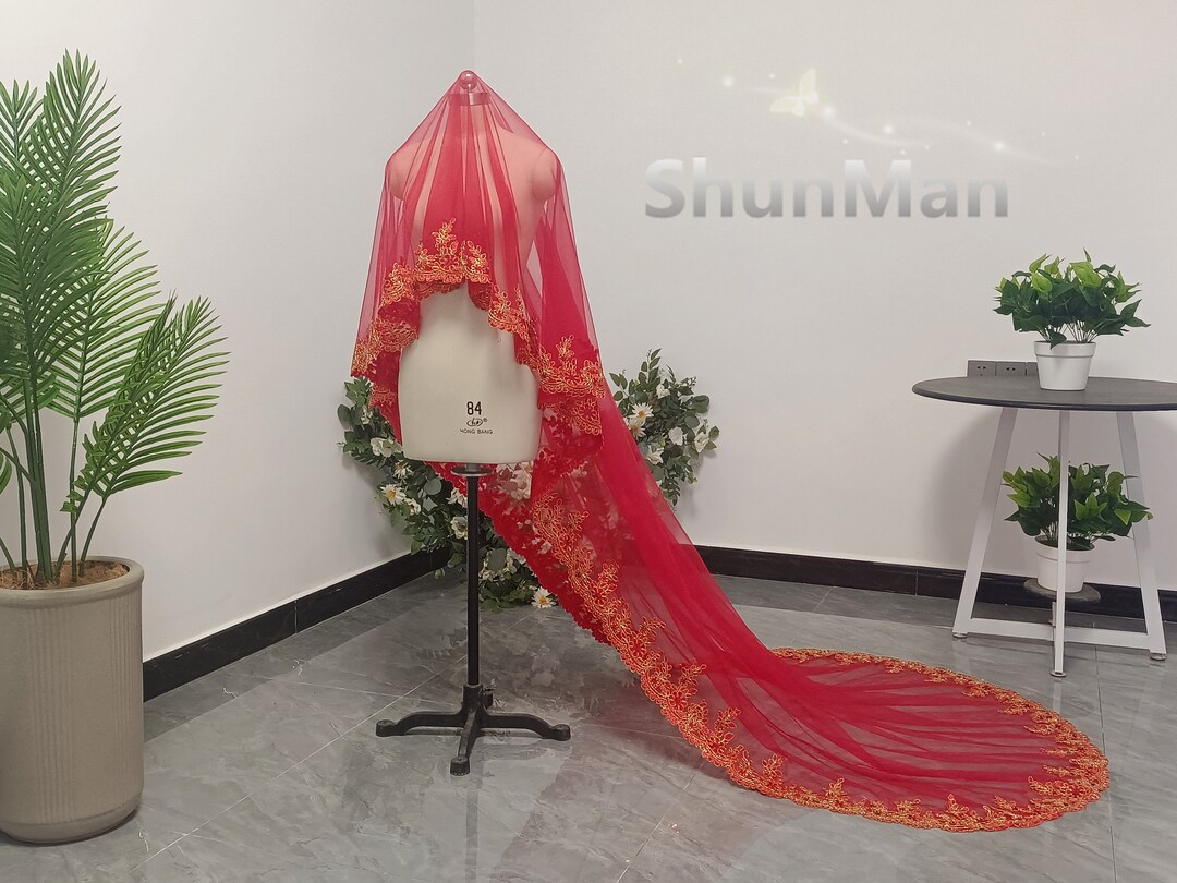 Red Cathedral Lace Veil One Layer Wedding Drape Veil Soft Tulle Veil ...