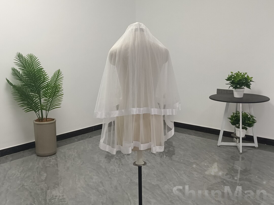 Elegant Bridal Two Tier Ribbon Veil Wedding Cropped Ribbon Edge Veil ...