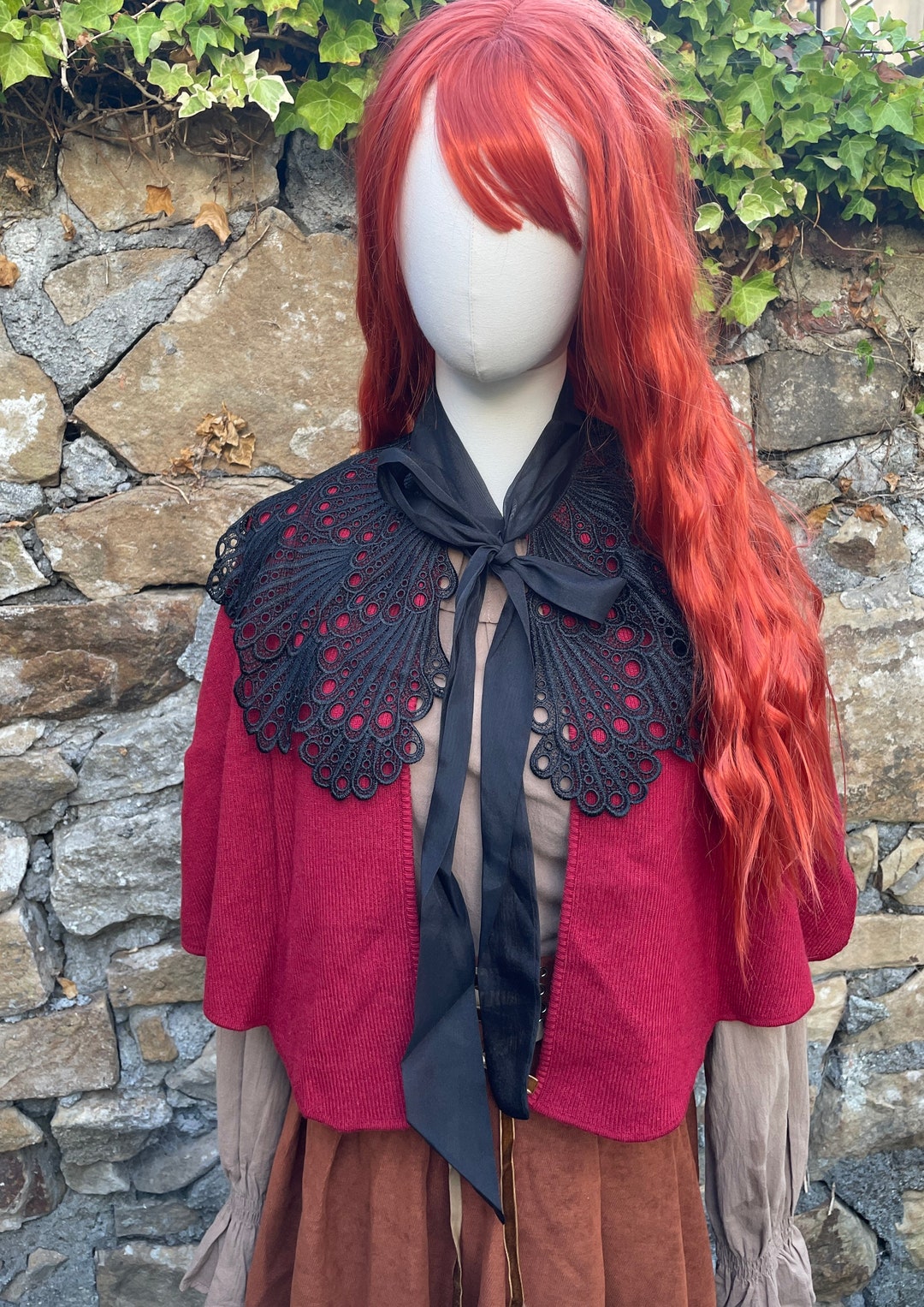 Burgundy Colour Knitted Cloak With Black Lace Collar - Etsy