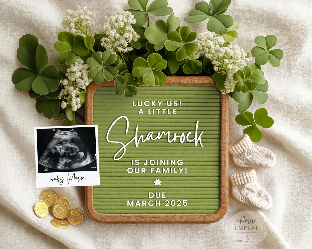 St Patricks Day Pregnancy Announcement: Shamrock Baby Reveal (digital ...