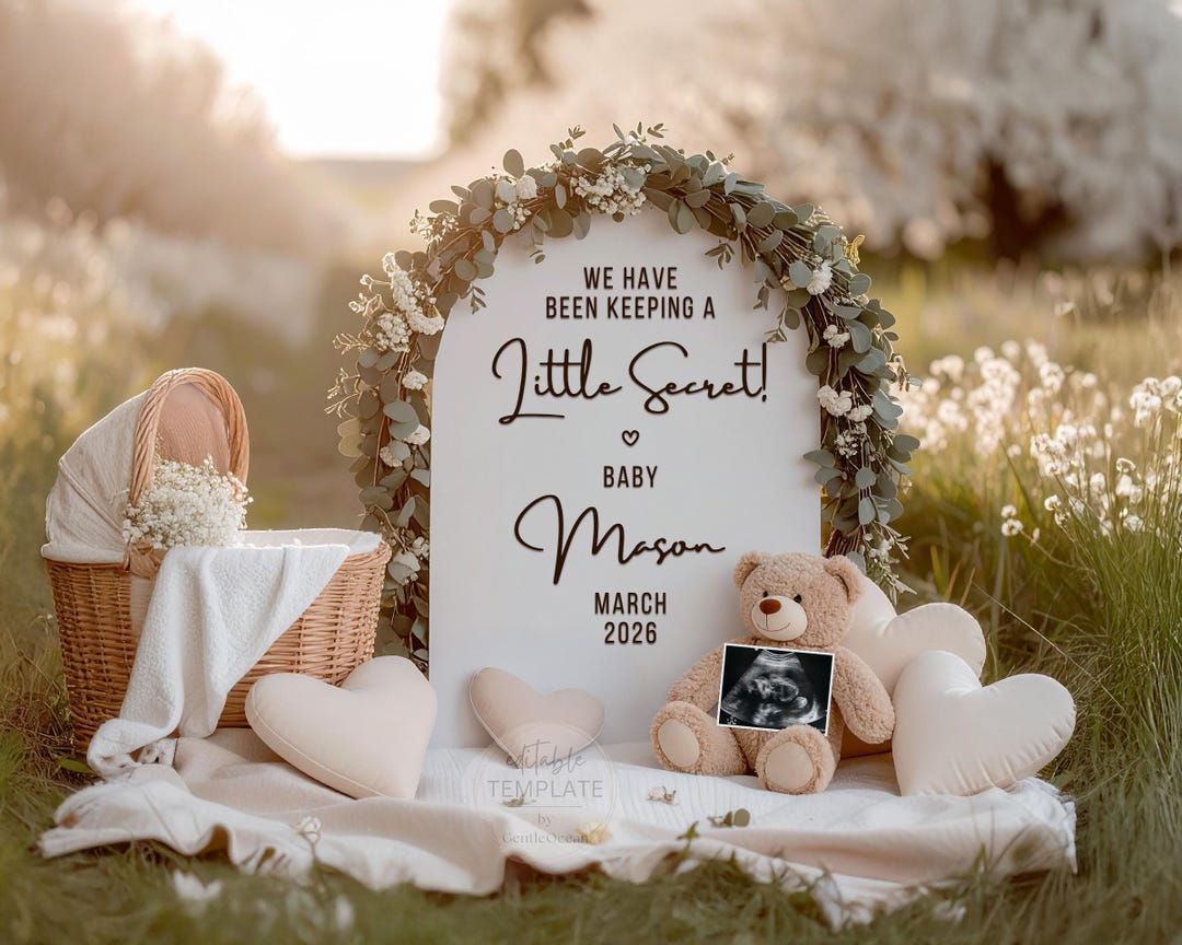 Editable Boho Pregnancy Announcement Canva Template With Arched ...