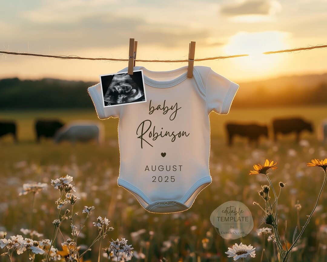 Farm Clothesline Baby Announcement: Sunset Cow Field Pregnancy Reveal ...