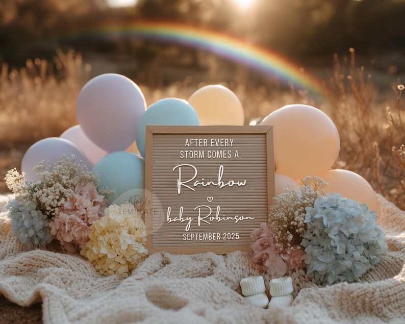 Rainbow Baby Announcement: Boho Pregnancy Reveal, Editable Template ...