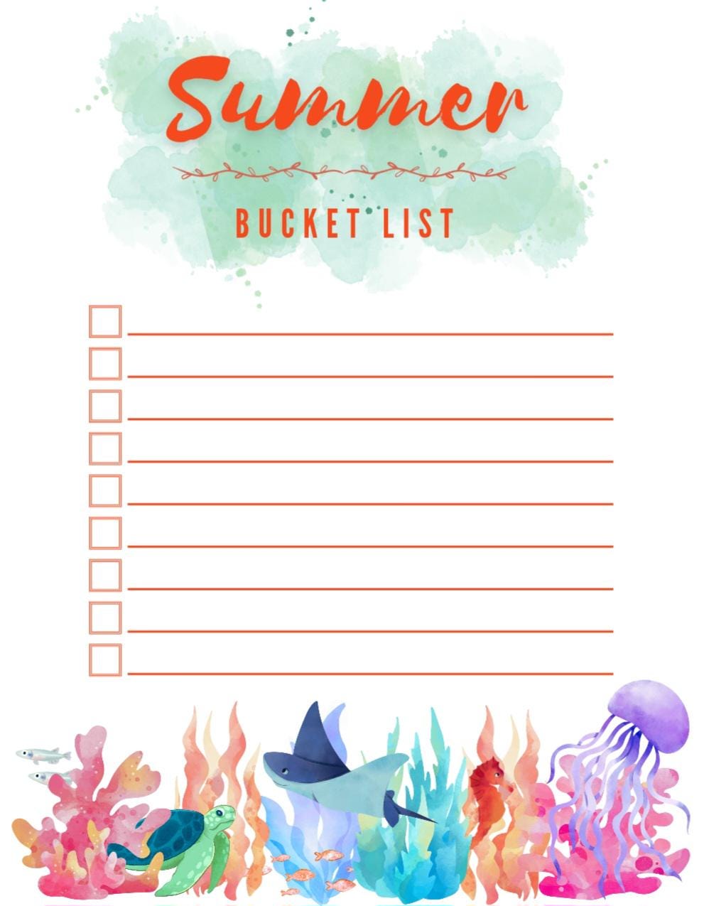 Printable Summer Bucket List - Watercolor Coral and Turtle Summer ...