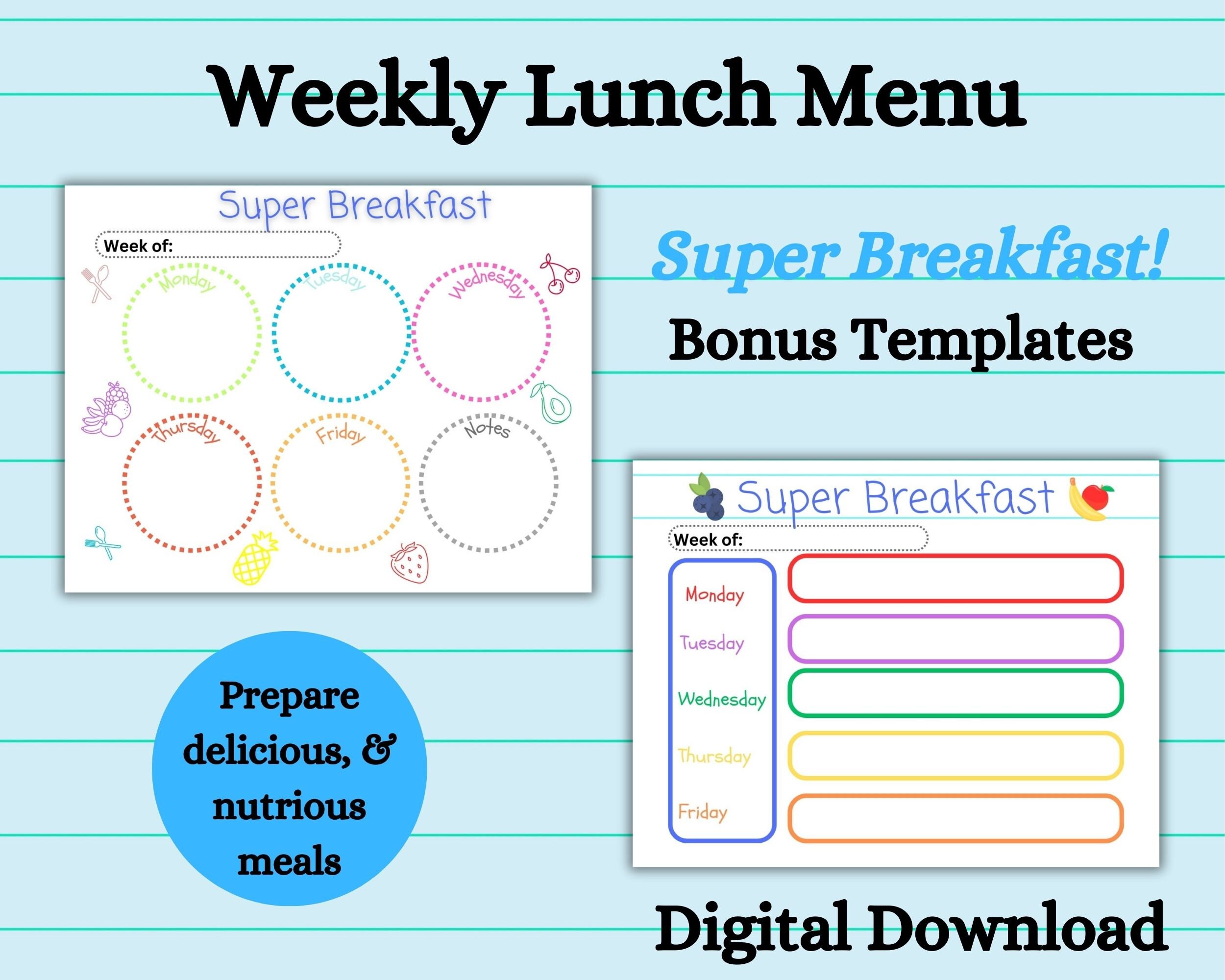 Weekly School Lunch Template What's for Lunch - Etsy
