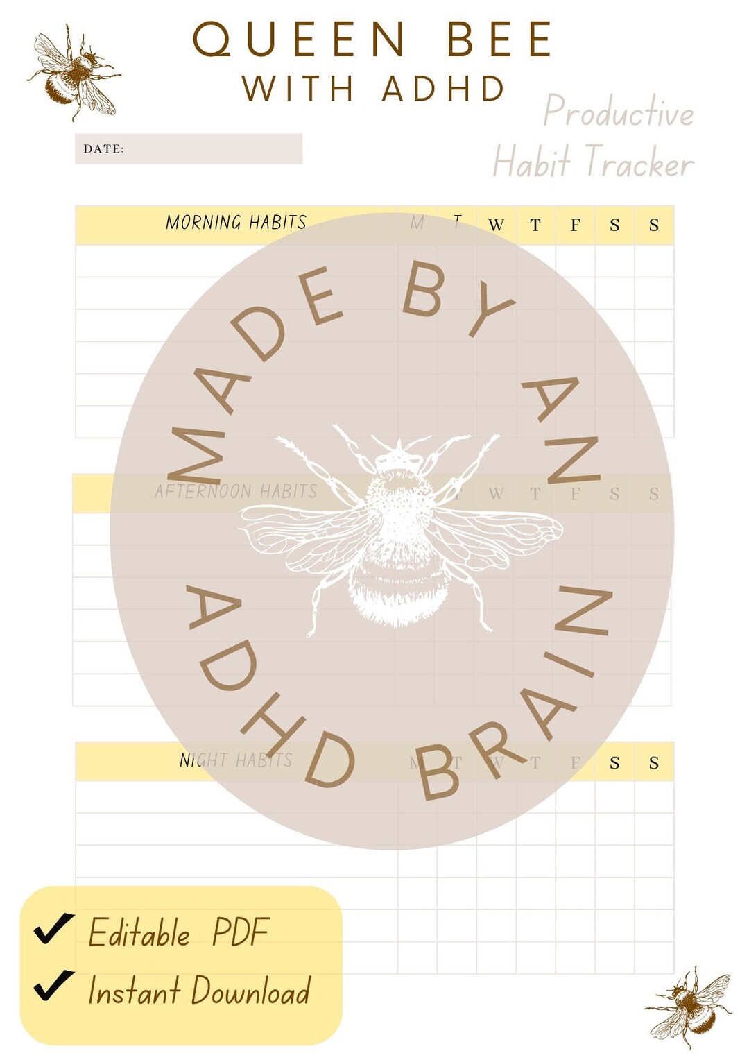 Queen Bee With ADHD Productive Habit Tracker | Planner | Daily Habits ...