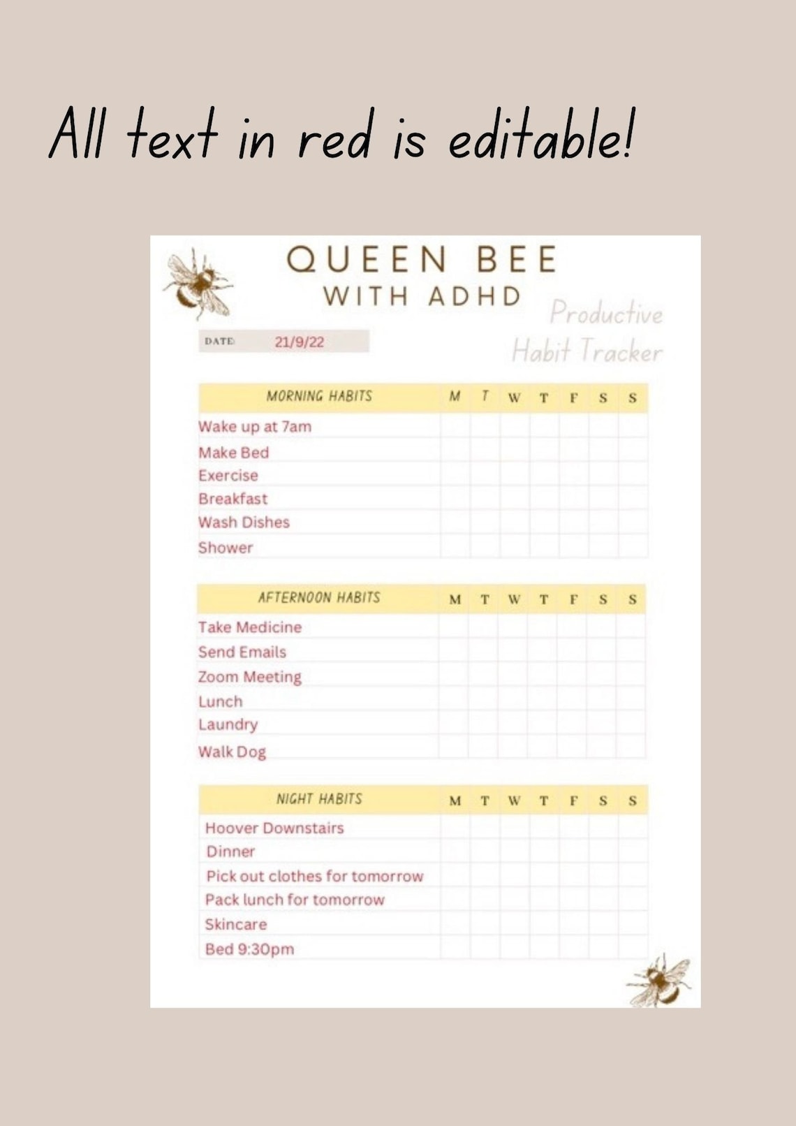 Queen Bee With ADHD Productive Habit Tracker | Planner | Daily Habits ...