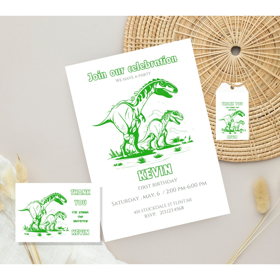 Invitación editable de primer cumpleaños de dinosaurio, T-Rex ...