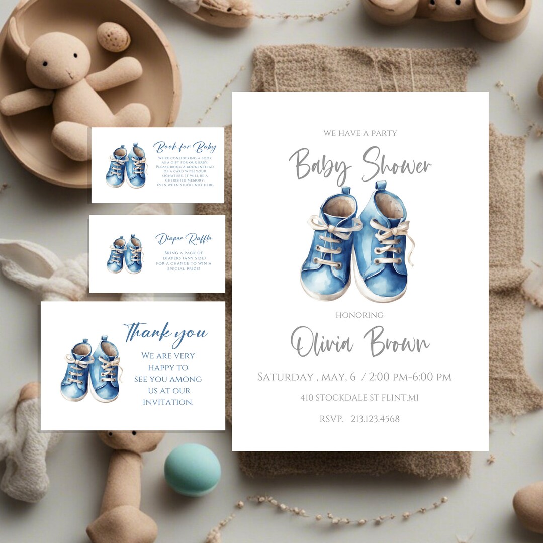 Blue Booties Baby Shower Invitation Bundle Template, Printable ...