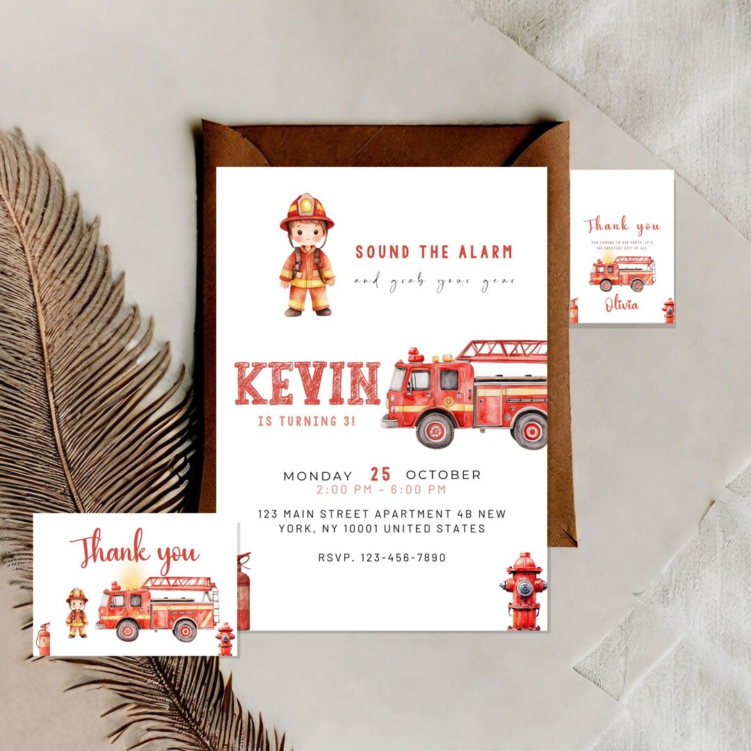 Fire Truck Birthday Invitation, Firetruck Invitation, Fire Engine ...
