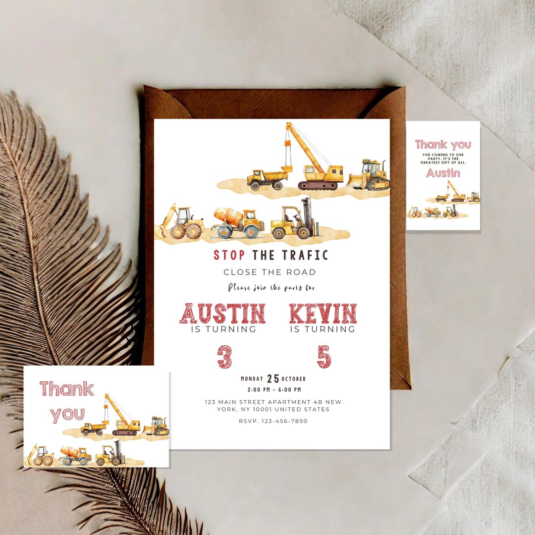 Sibling Construction Birthday Invitation, Editable Construction Invite ...