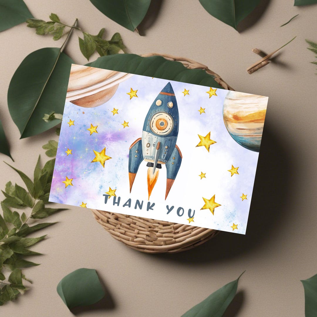 Outer Space Thank You Card Template, Planets Rocket Ship Astronaut ...