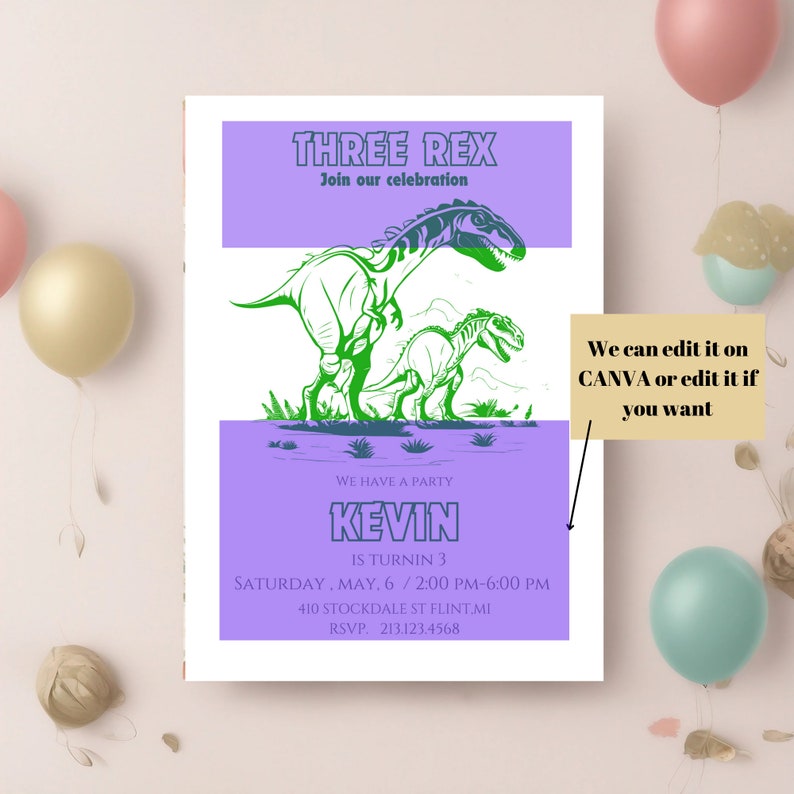 Three Rex Birthday Invitation, Editable Dinosaur Birthday Invite, Three ...