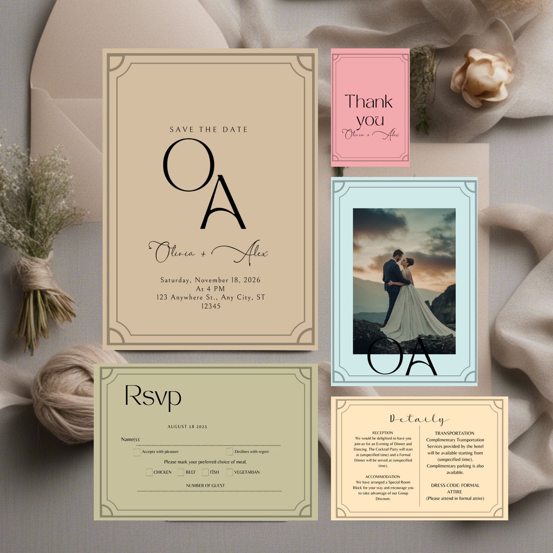 Art Deco Wedding Invitation Template Set, Art Nouveau Printable Invite ...