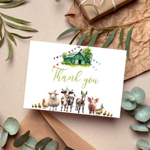 Green Farm Animals Thank You Card, Editable Farm Animals Party Gift ...