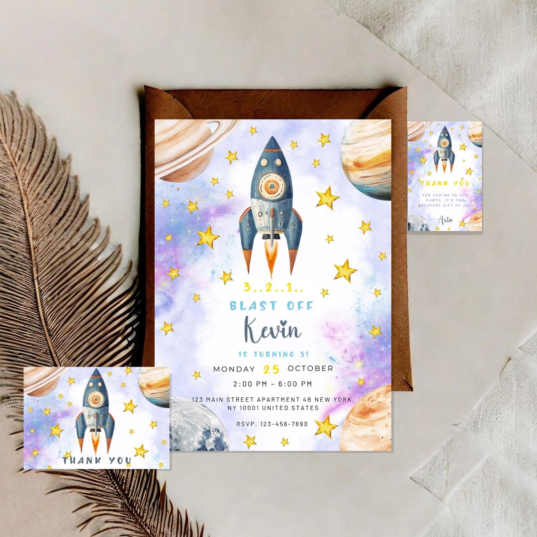 Outer Space Boy Birthday Invitation Template, Planets Rocket Ship ...