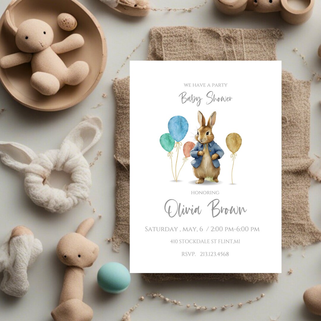 Peter Rabbit Baby Shower Invitation Template, Editable Rabbit Baby ...