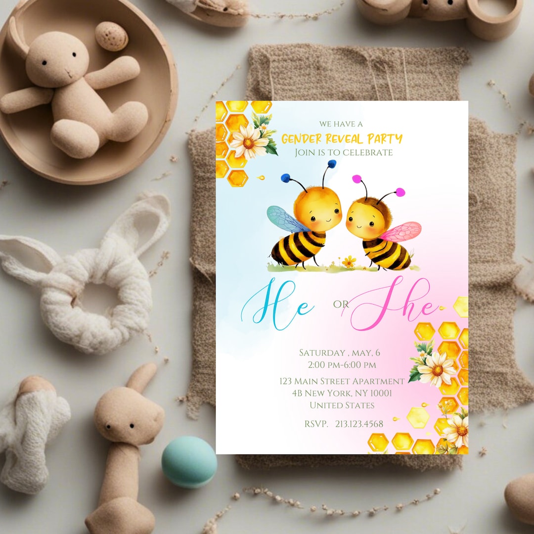 Bee Gender Reveal Invitation, Printable He or She Bees Party Invite ...