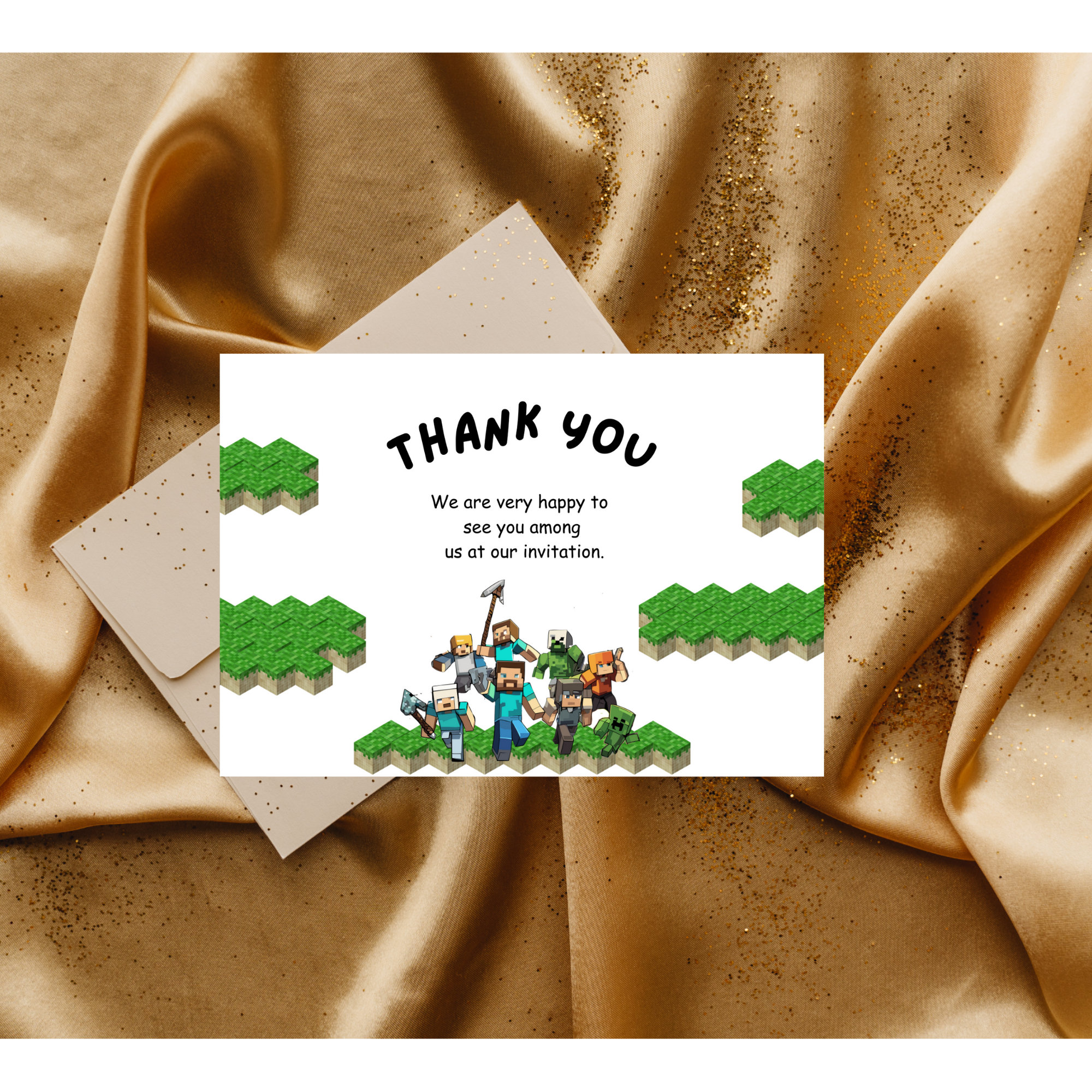 Minecarft Birthday Thank You Card, Minecarft Minimal Thank You Card ...