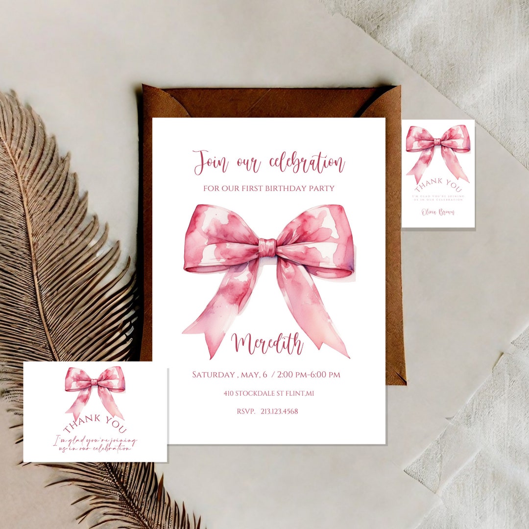 EDITABLE Pink Bow Birthday Invitation, Blush Pink Watercolor Ribbon ...