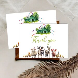 Green Farm Animals Thank You Card, Editable Farm Animals Party Gift ...