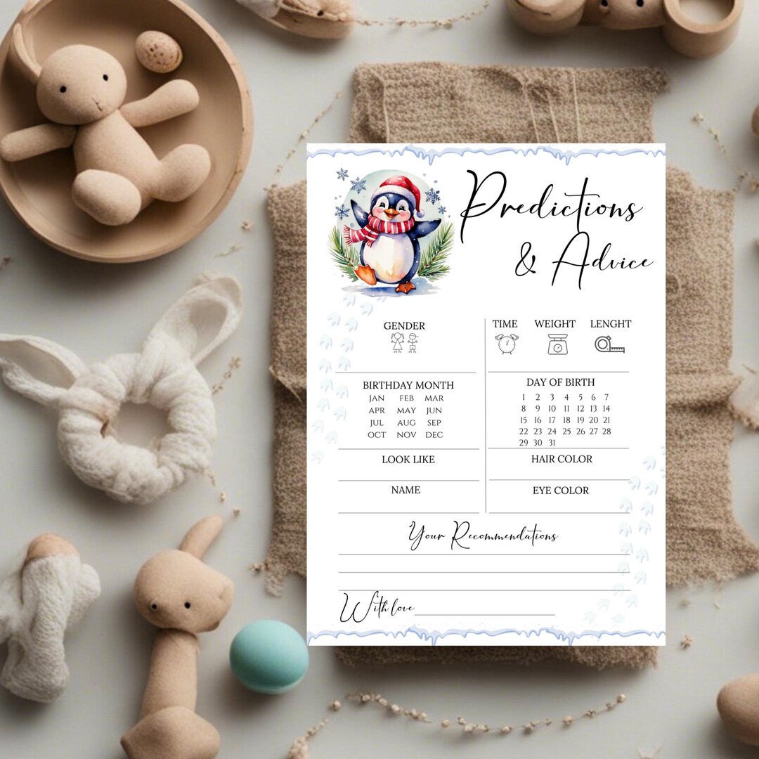 Penguin Baby Shower Games, Baby Predictions and Advice Cards, Christmas ...