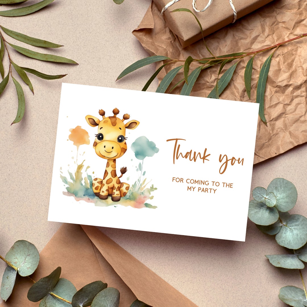 Giraffe Thank You Card, Watercolor Safari Thank You Card, Cute Giraffe ...